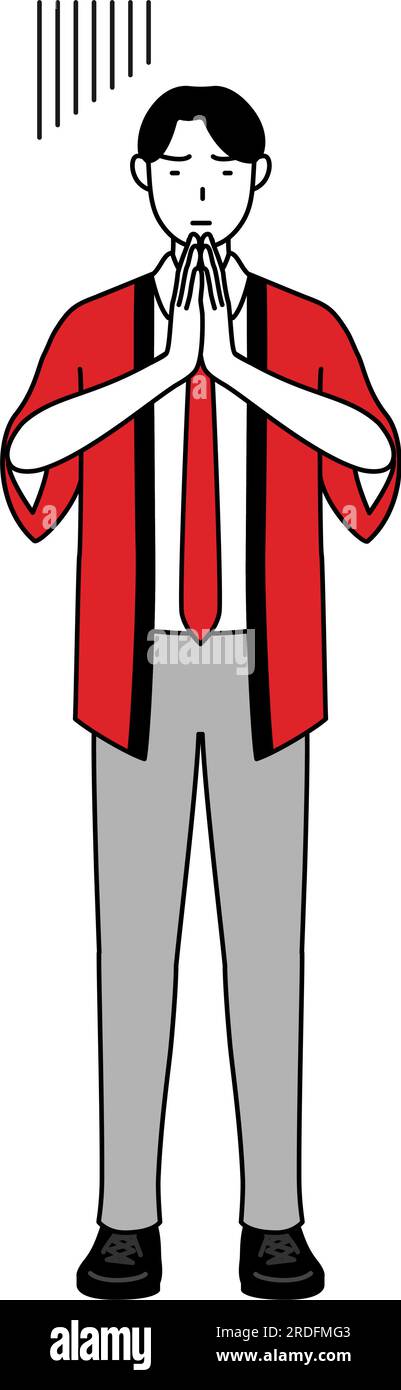 Man wearing a red happi coat apologizing with his hands in front of his ...