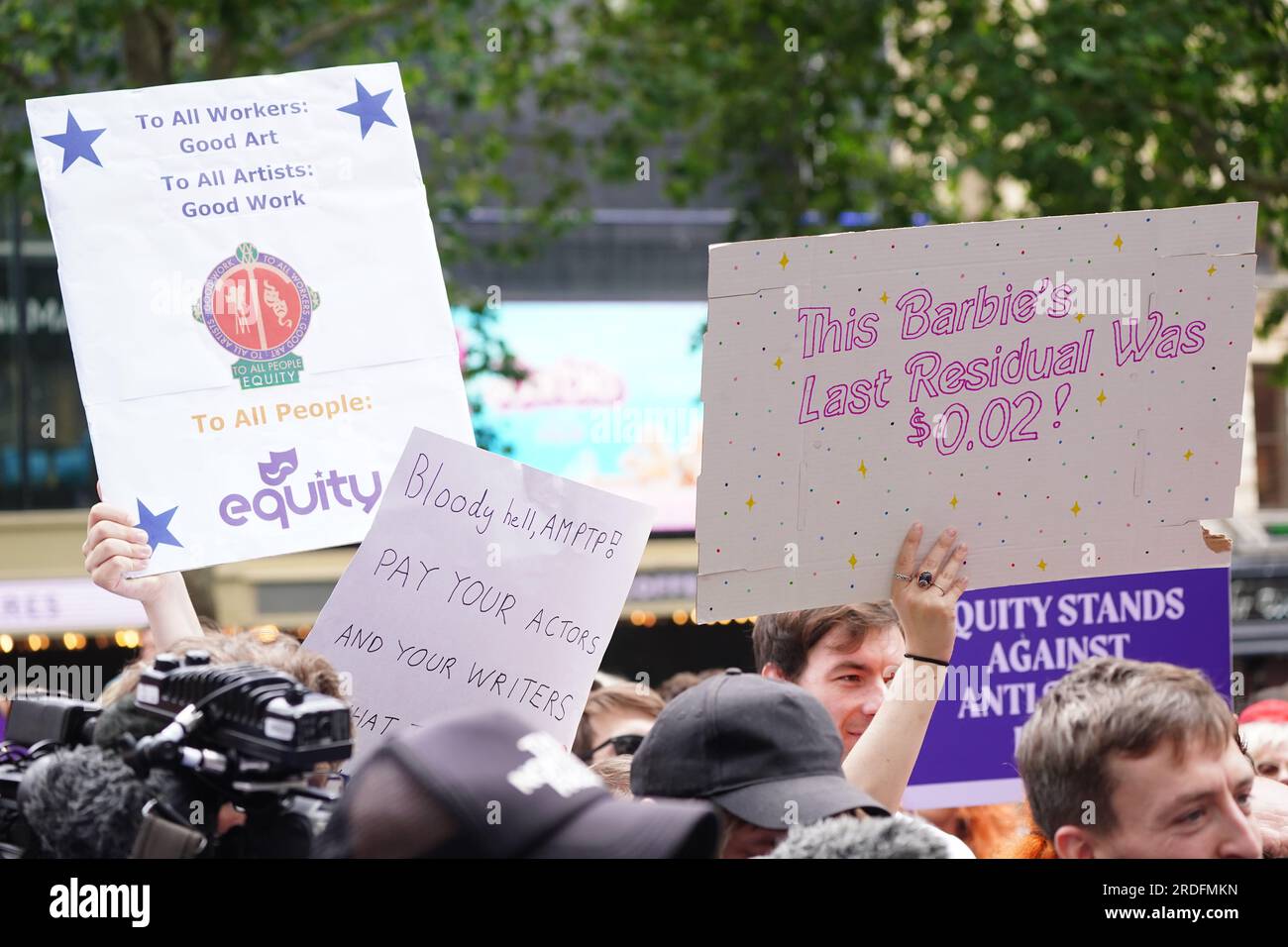 Placards seen during a protest by members of the British actors union ...