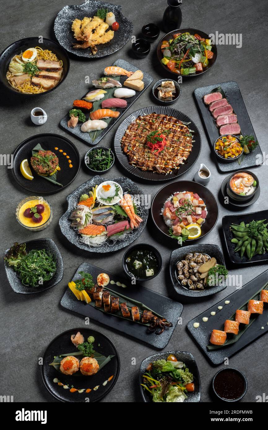many traditional gourmet japanese food dishes variety on grey ...