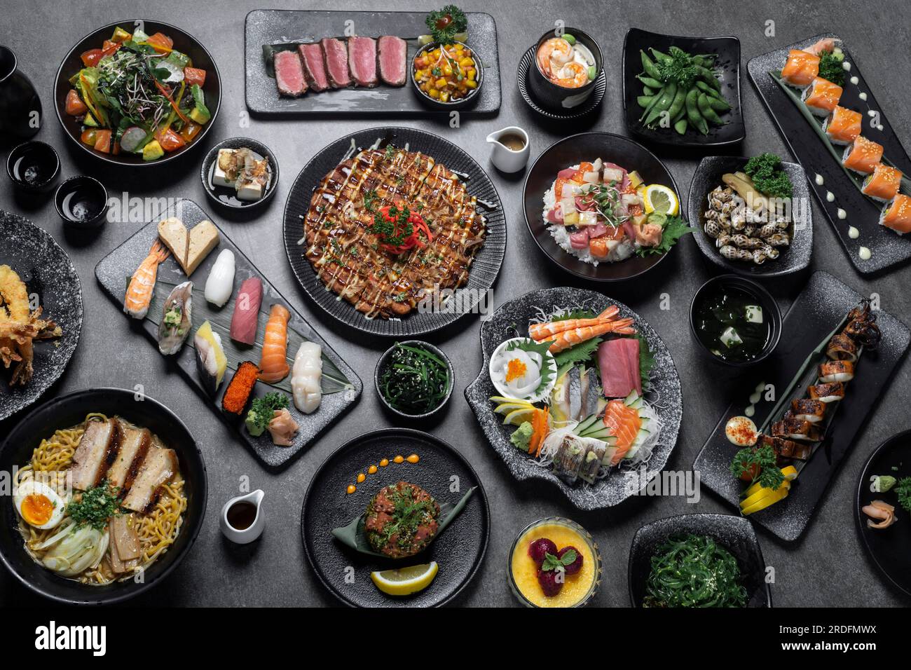many traditional gourmet japanese food dishes variety on grey ...