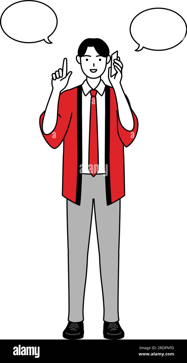 Man wearing a red happi coat pointing while on the phone, Vector ...