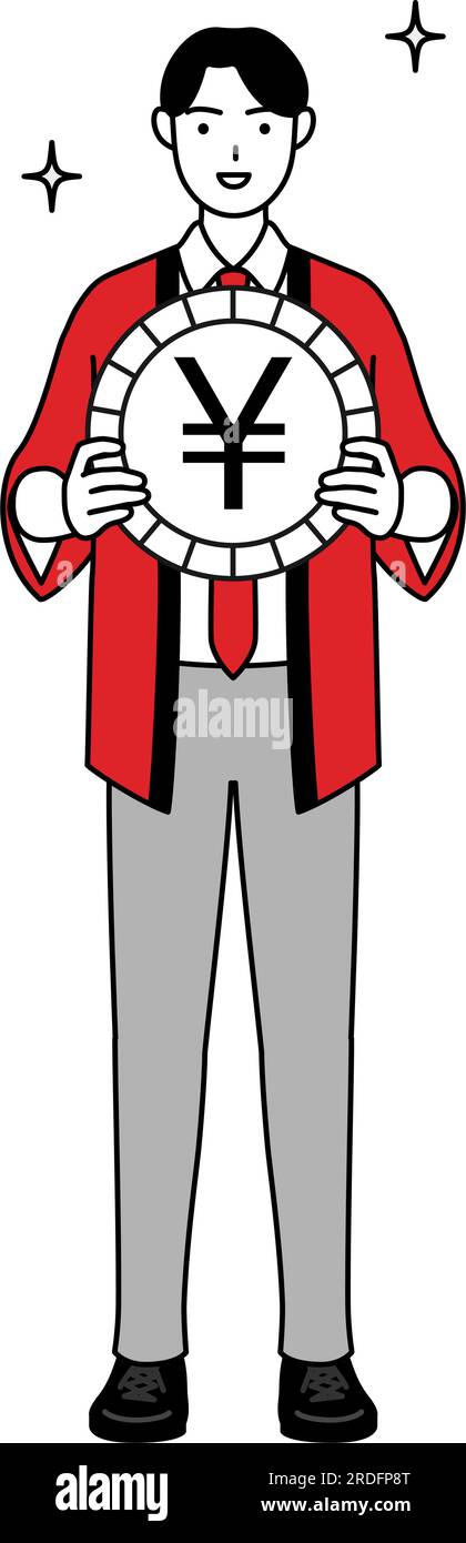 Man wearing a red happi coat an image of foreign exchange gains and yen ...