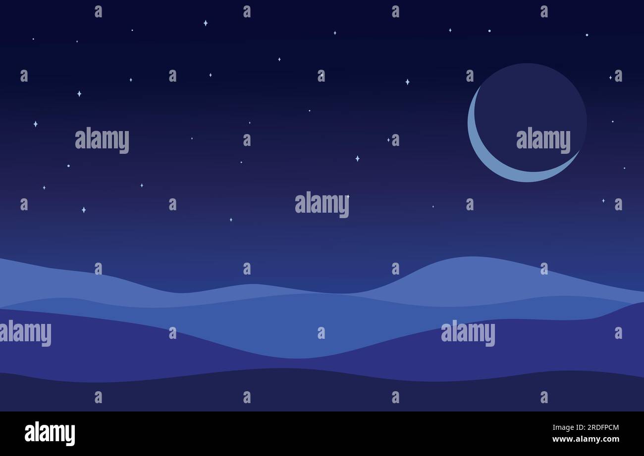 Desert in night sky background view. Crescent above the desert. Vector ...