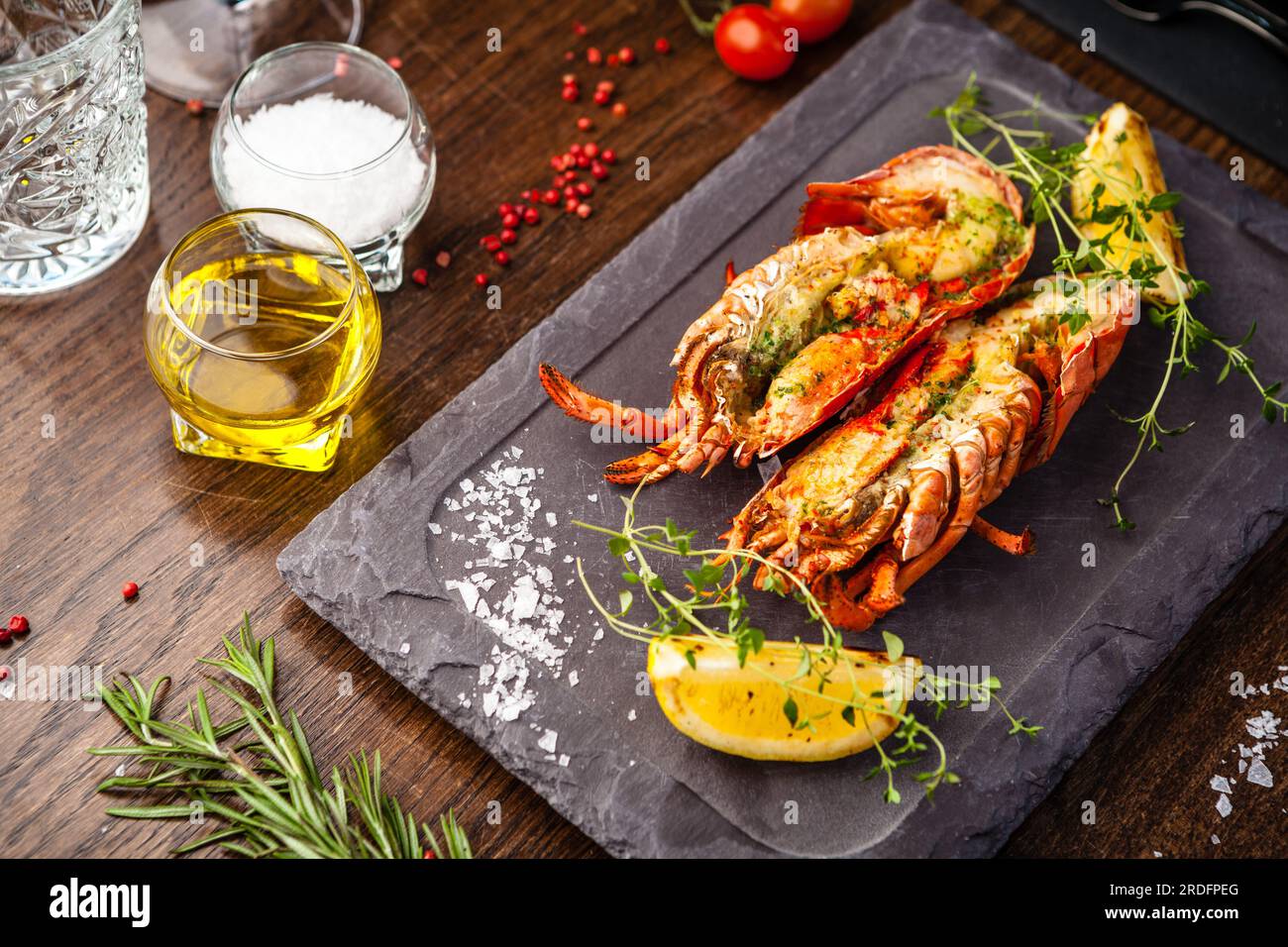 Lobster with flavored butter. Herb butter, lemon. Delicious healthy ...