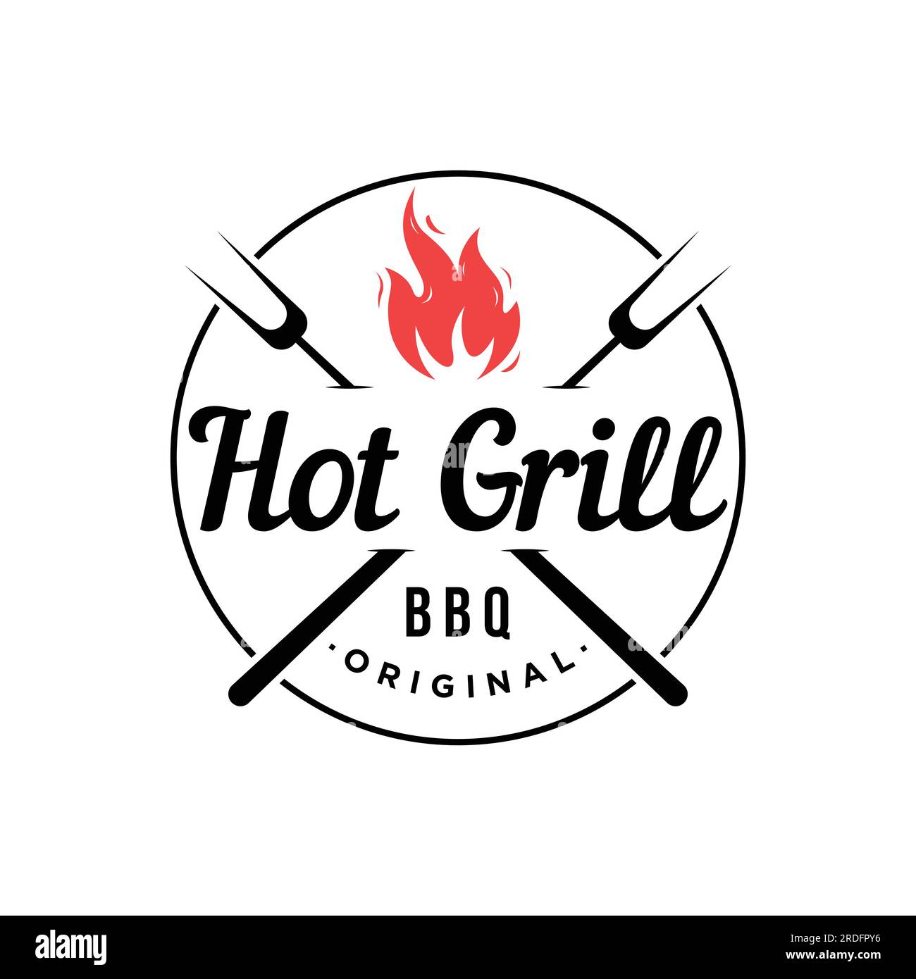 BBQ hot grill vintage typography logo with crossed flames and spatula ...