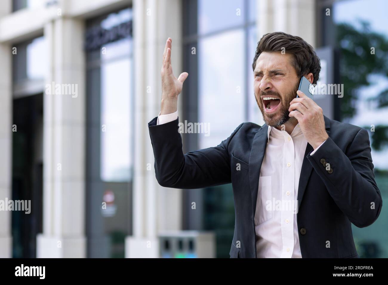 Angry angry boss talking on phone, mature experienced middle aged ...