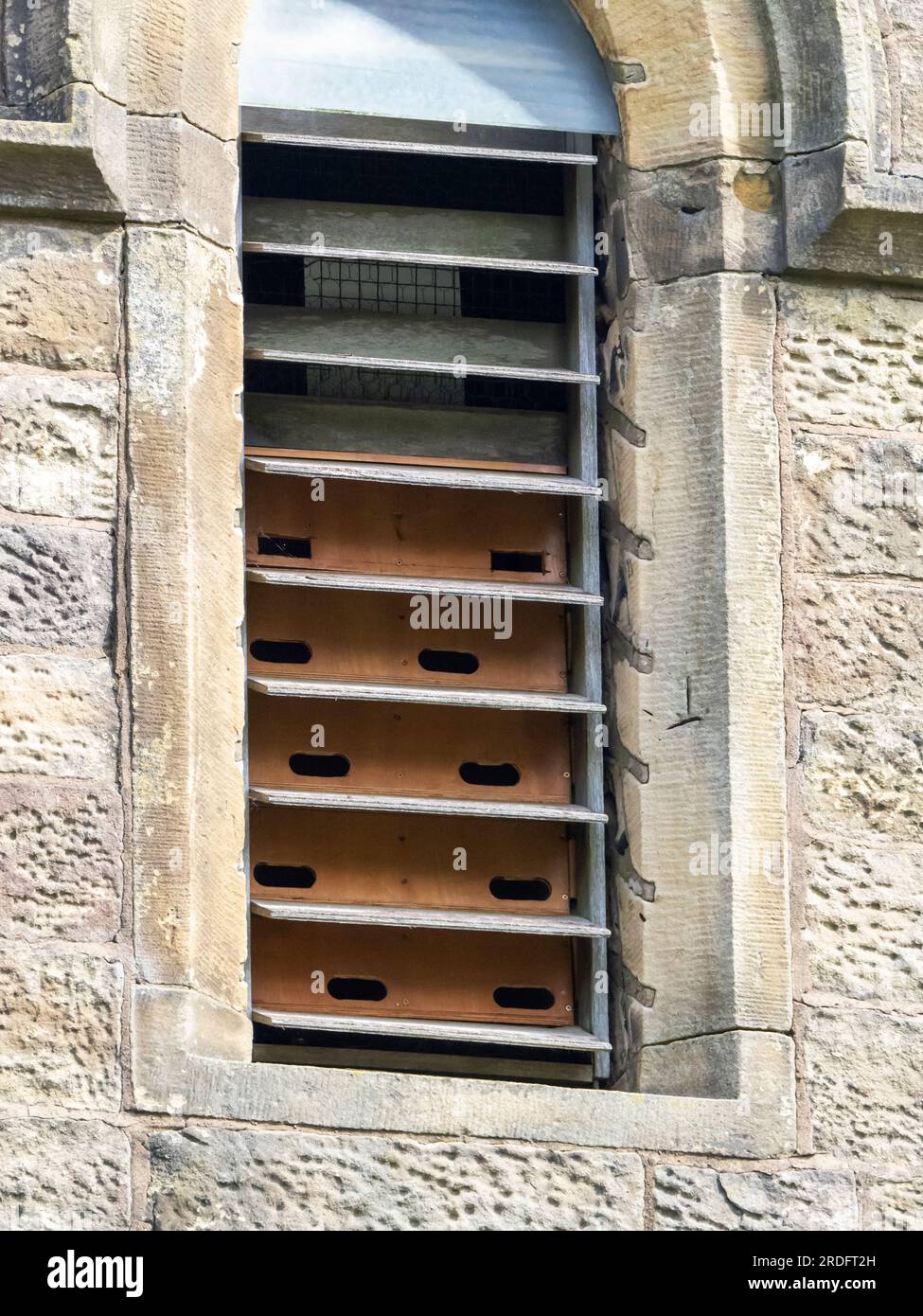Swift nest boxes in a church tower in Longridge, Lancashire, UK Stock ...