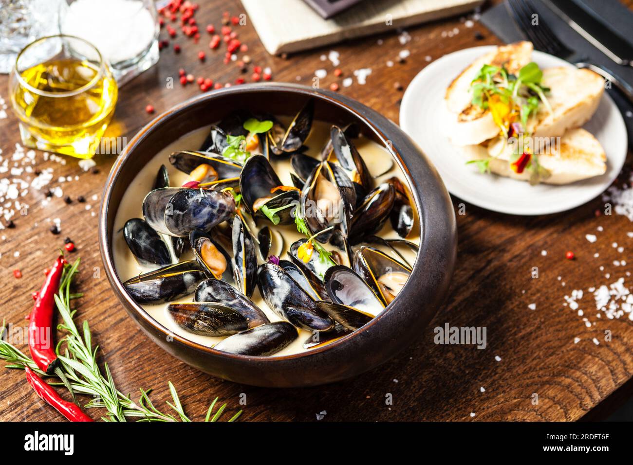 Blue mussels in cream wine sauce. Delicious healthy Italian traditional ...