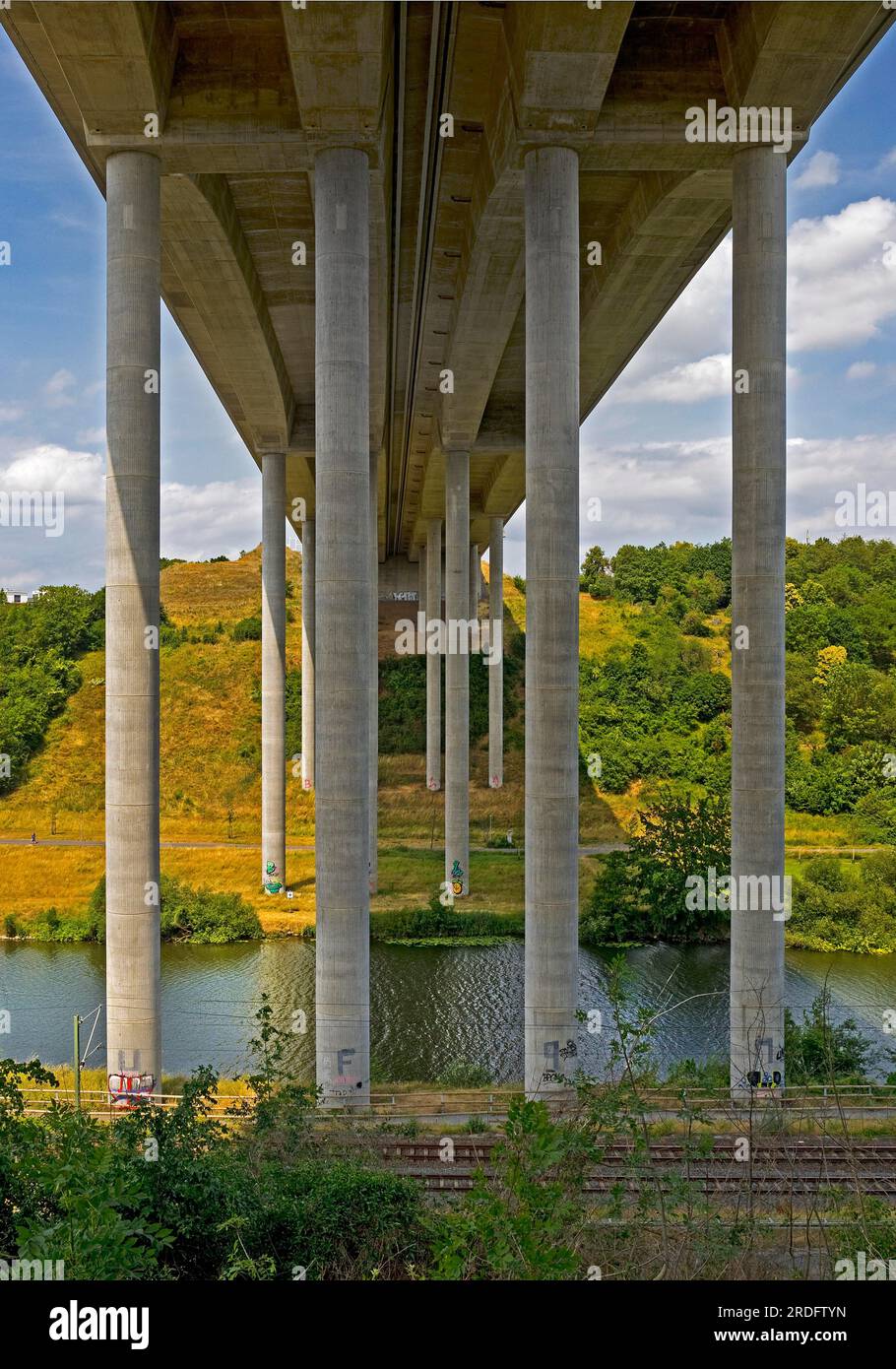 Railway tracks and motorway bridge of the A3 over the river Lahn ...