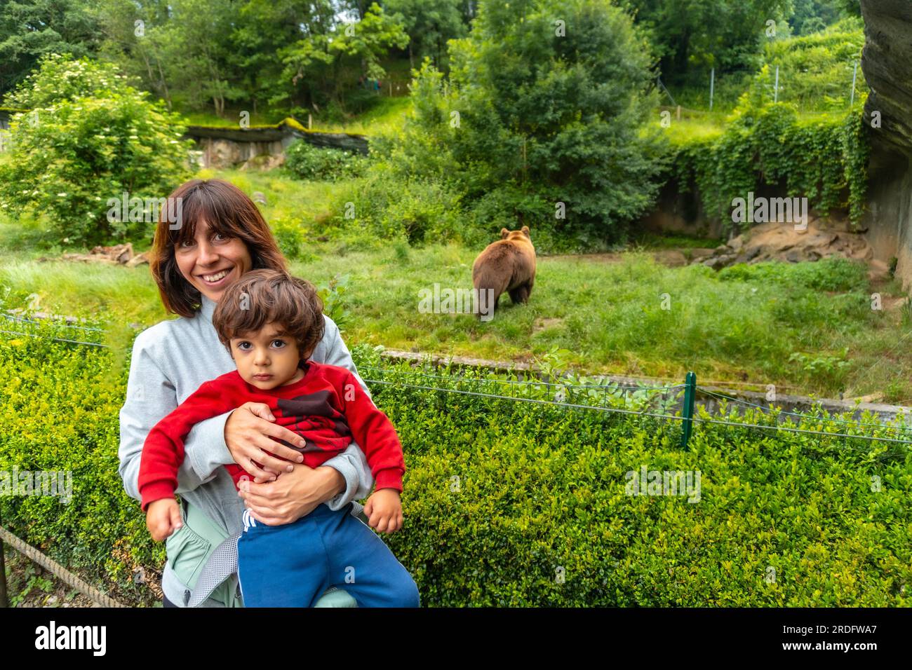 A mother with her son visiting a brown bear in a park in the ...