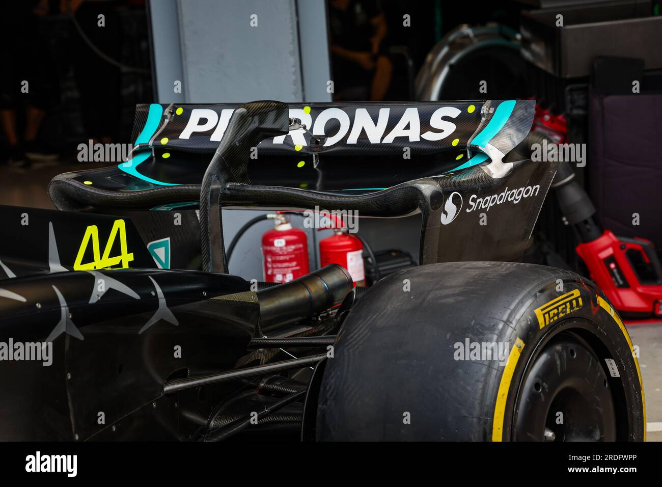 Mercedes AMG F1 Team W14, mechanical detail of the rear wing during the ...