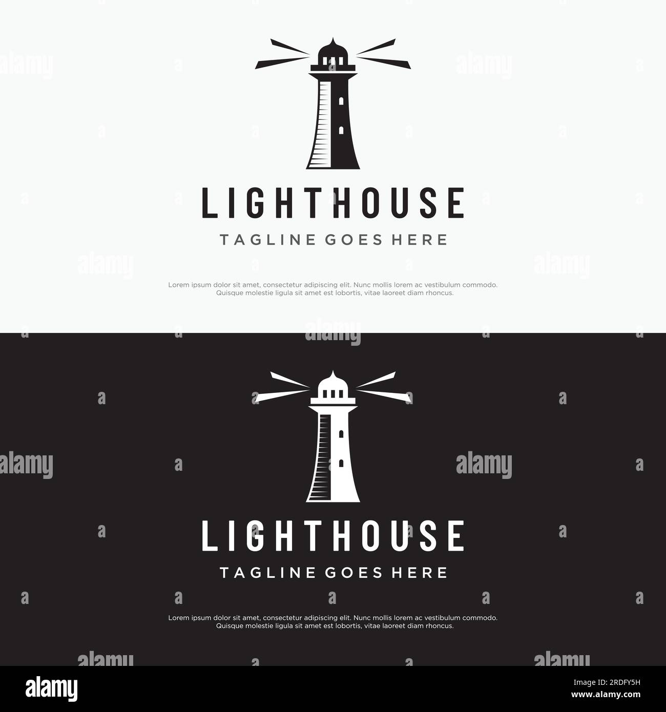Sea lighthouse tower building creative logo with spotlights vintage ...