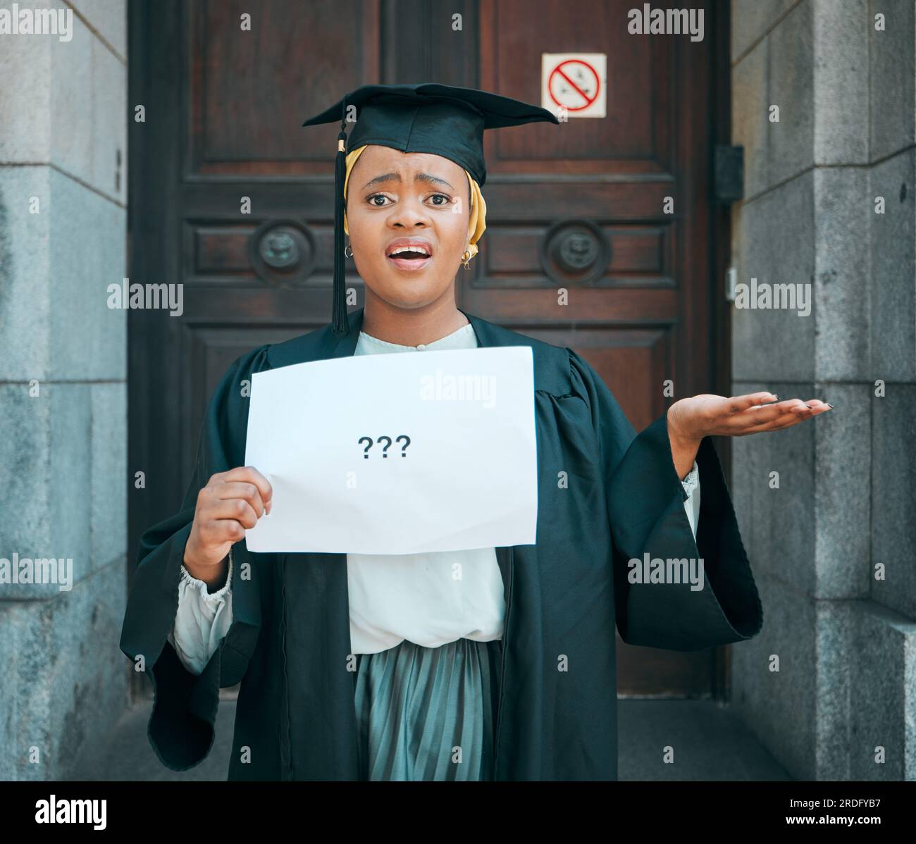 College student portrait, question mark and black woman confused over ...