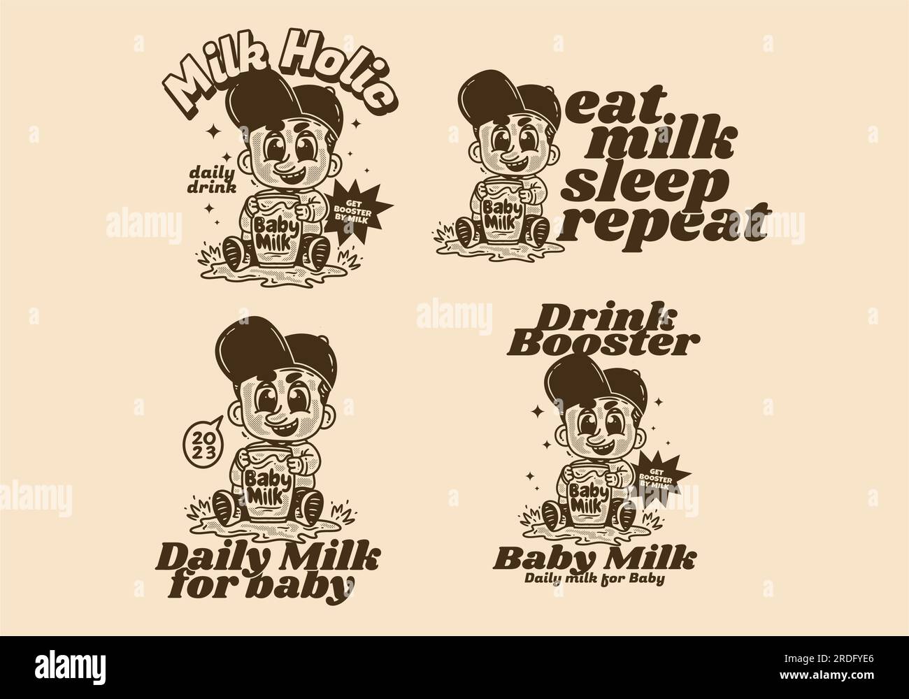 Collection of vintage drawing of baby character holding a glass of milk ...