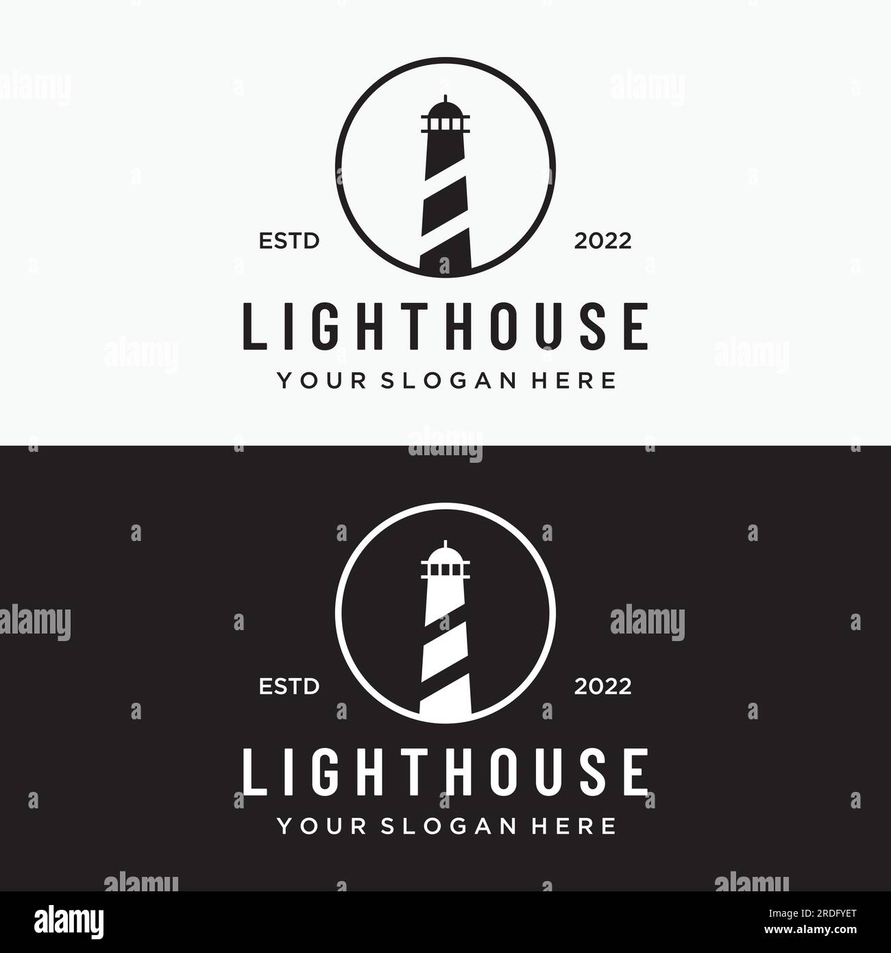 Sea lighthouse tower building creative logo with spotlights vintage ...
