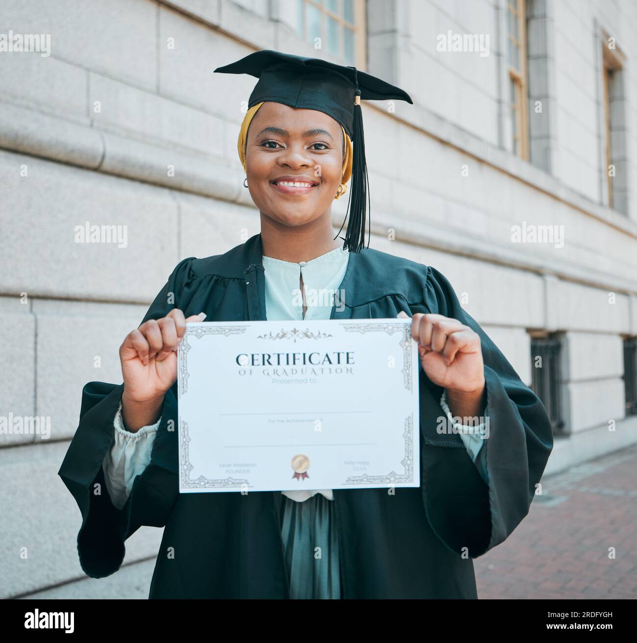 University graduation, certificate and portrait of black woman with ...