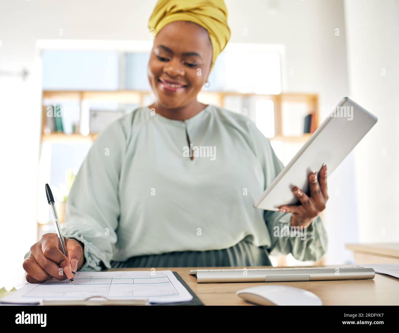 Tablet, checklist and business woman for writing information ...