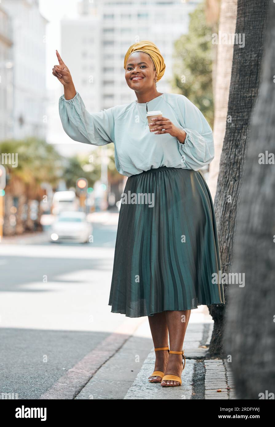Travel smile, city and black woman stop, point or hail taxi, cab or ...