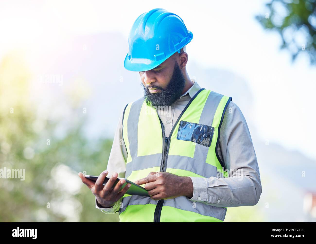 Construction worker, tablet and building inspection check with ...