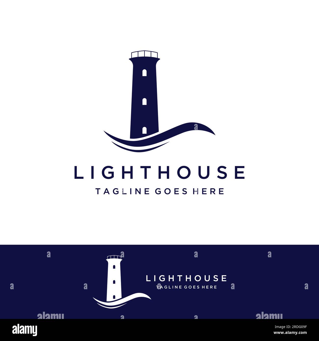 Sea lighthouse tower building creative logo with spotlights vintage ...