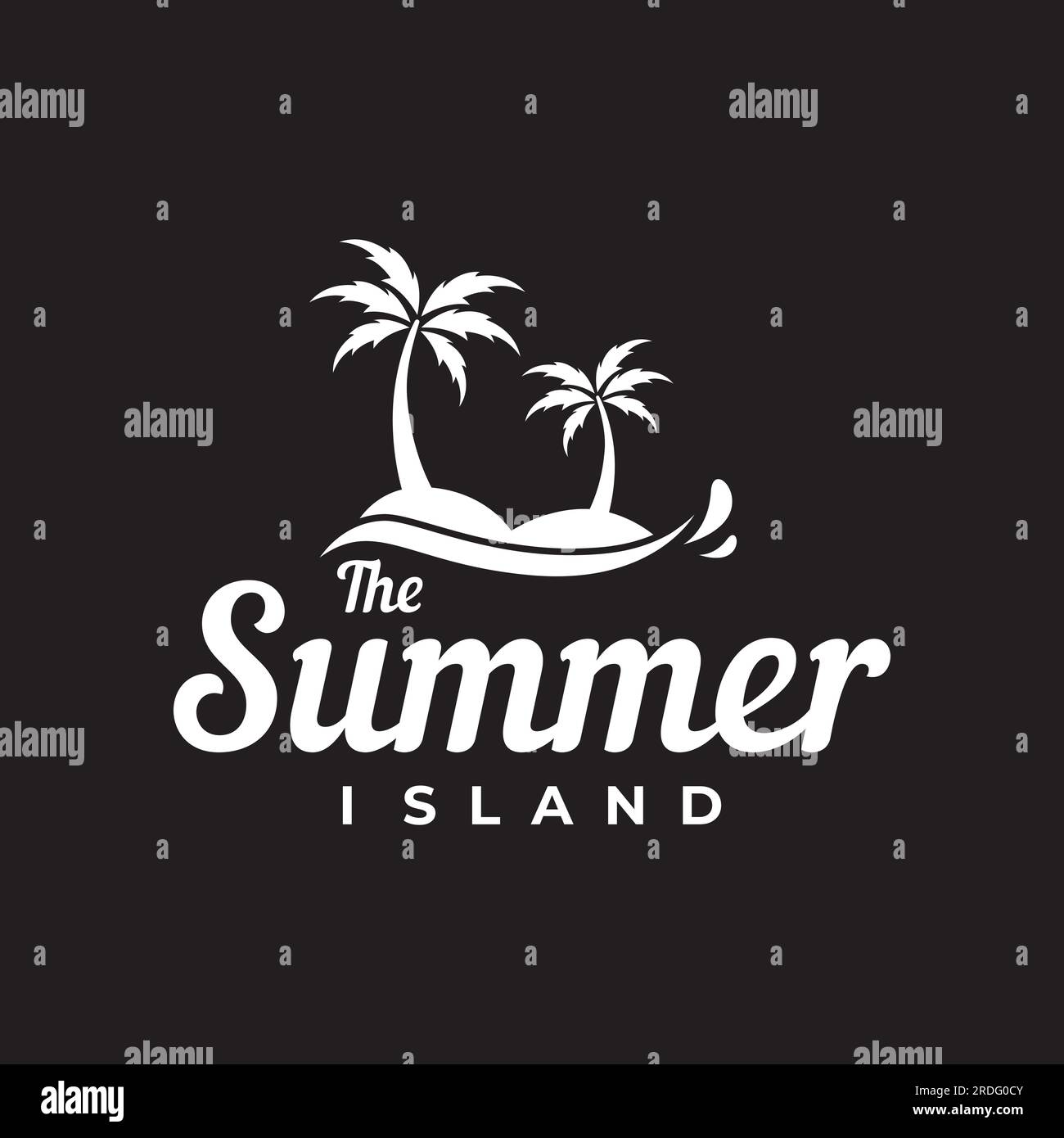 Summer vacation creative logo on the beach with symbols of waves, palm ...