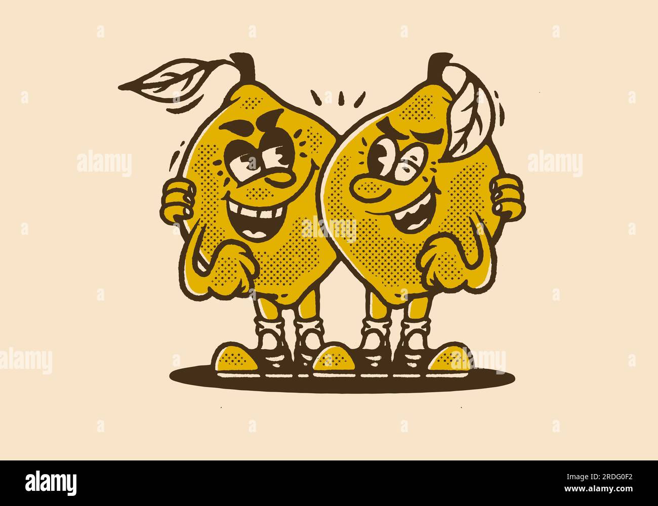 Two lemons mascot character illustration drawing in vintage style Stock ...