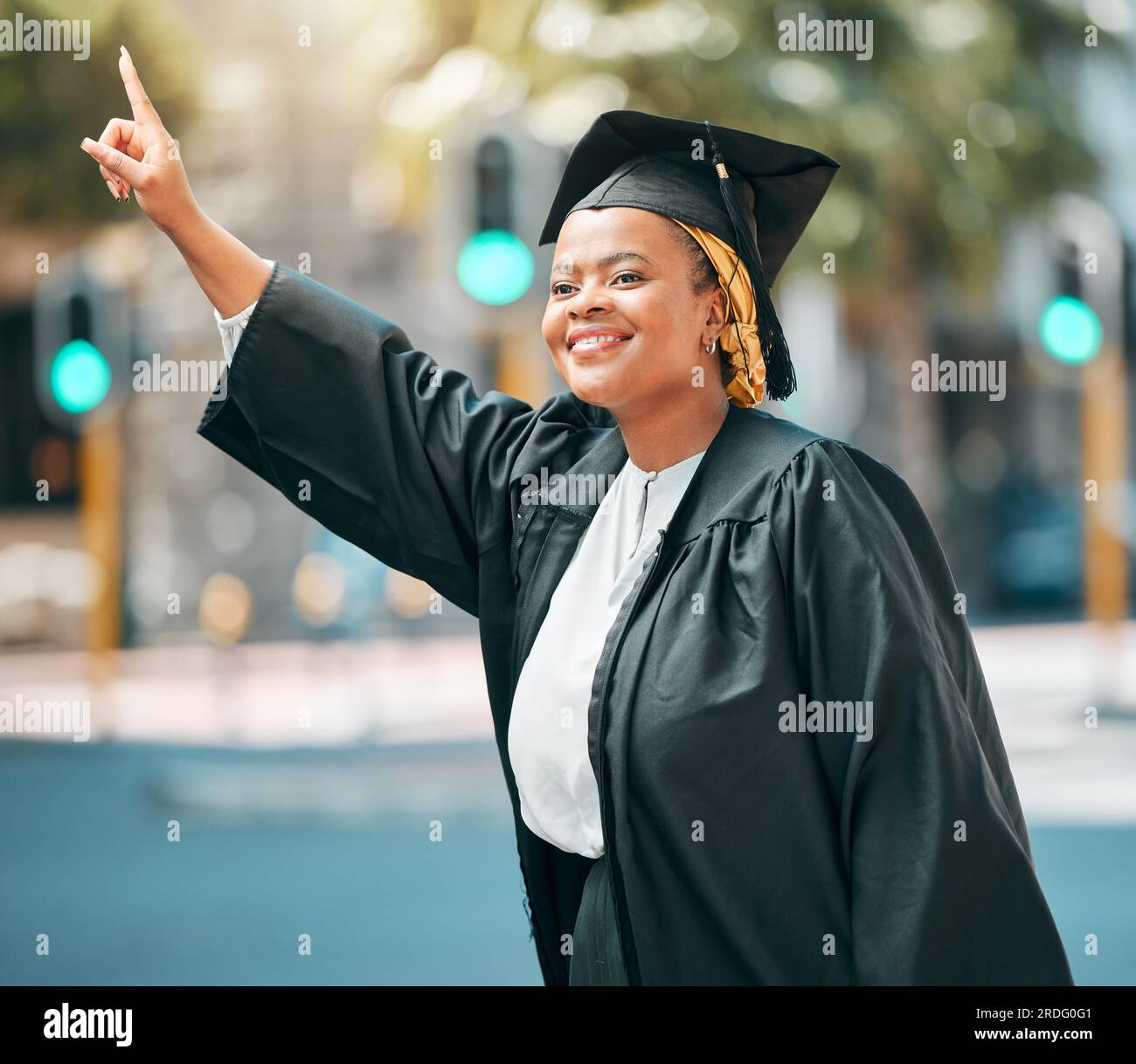 City travel, student and black woman stop, point or hail taxi, cab or ...