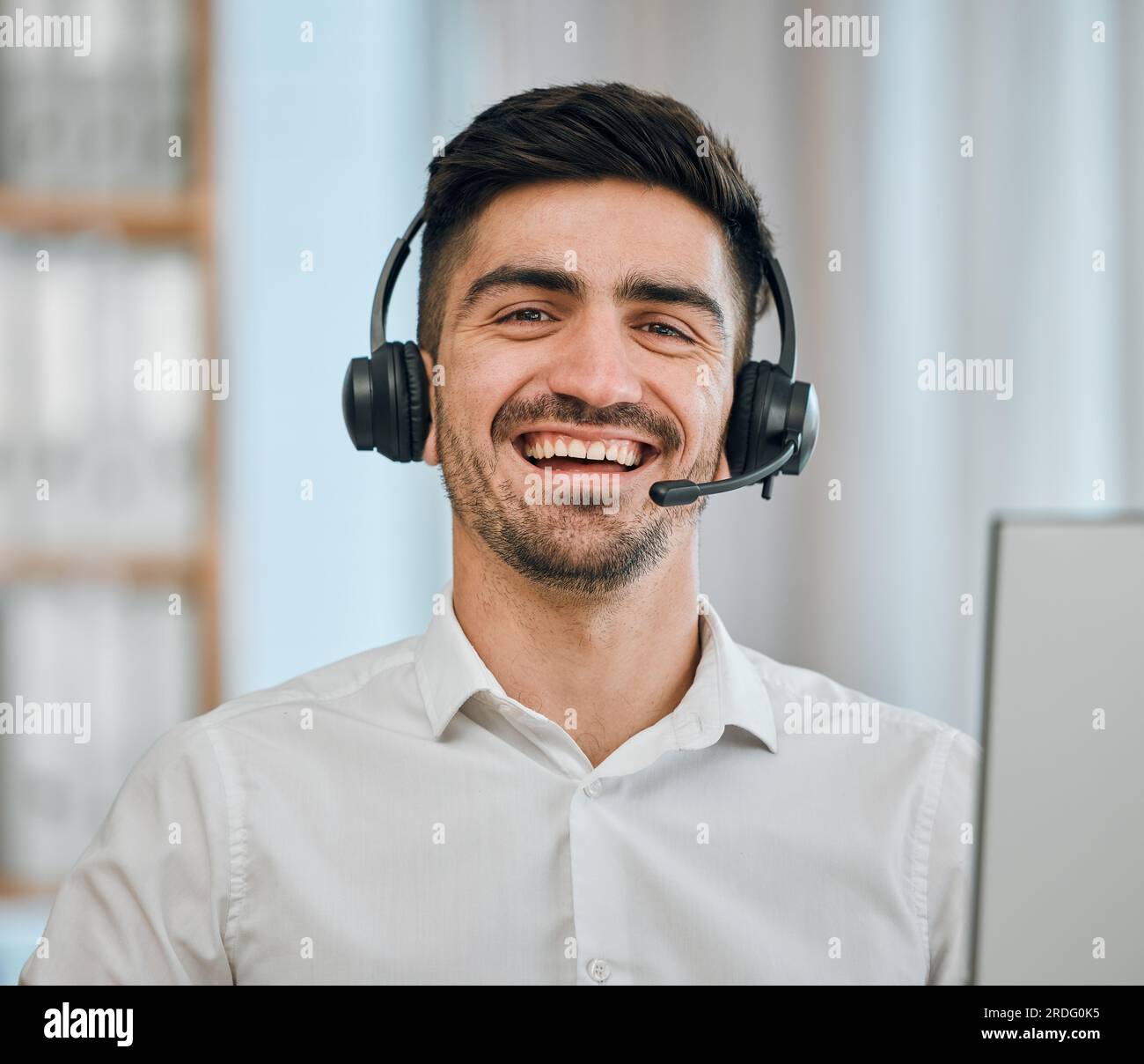 Telemarketing, man and portrait of consultant smile for customer ...