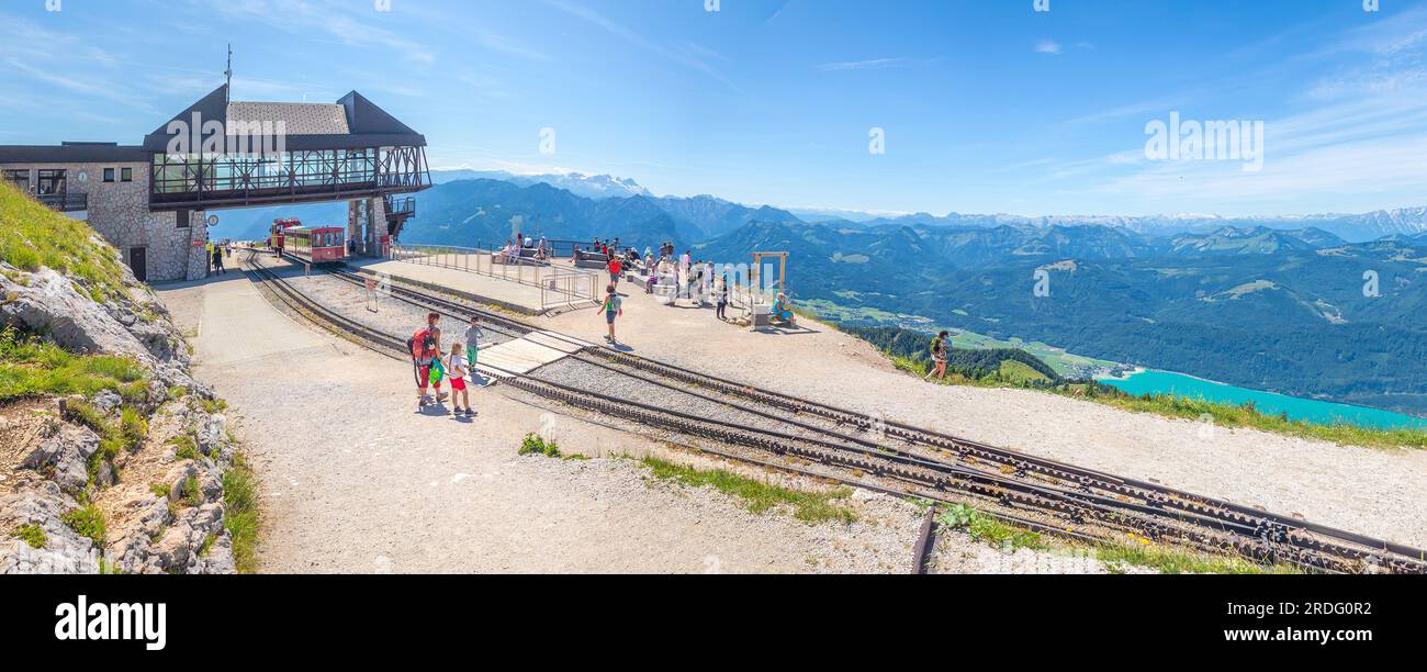 Schafberg cog railway train station Schafbergbahn, mountains and a lake ...
