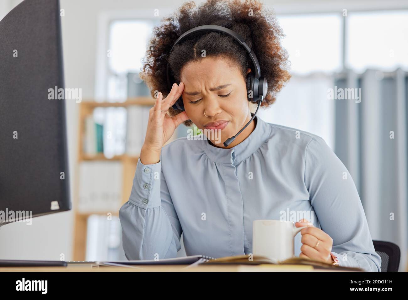 Customer support, call center and woman with crisis in office with ...