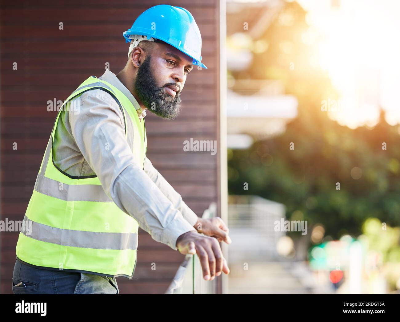 Construction worker, man thinking and building inspection with ...