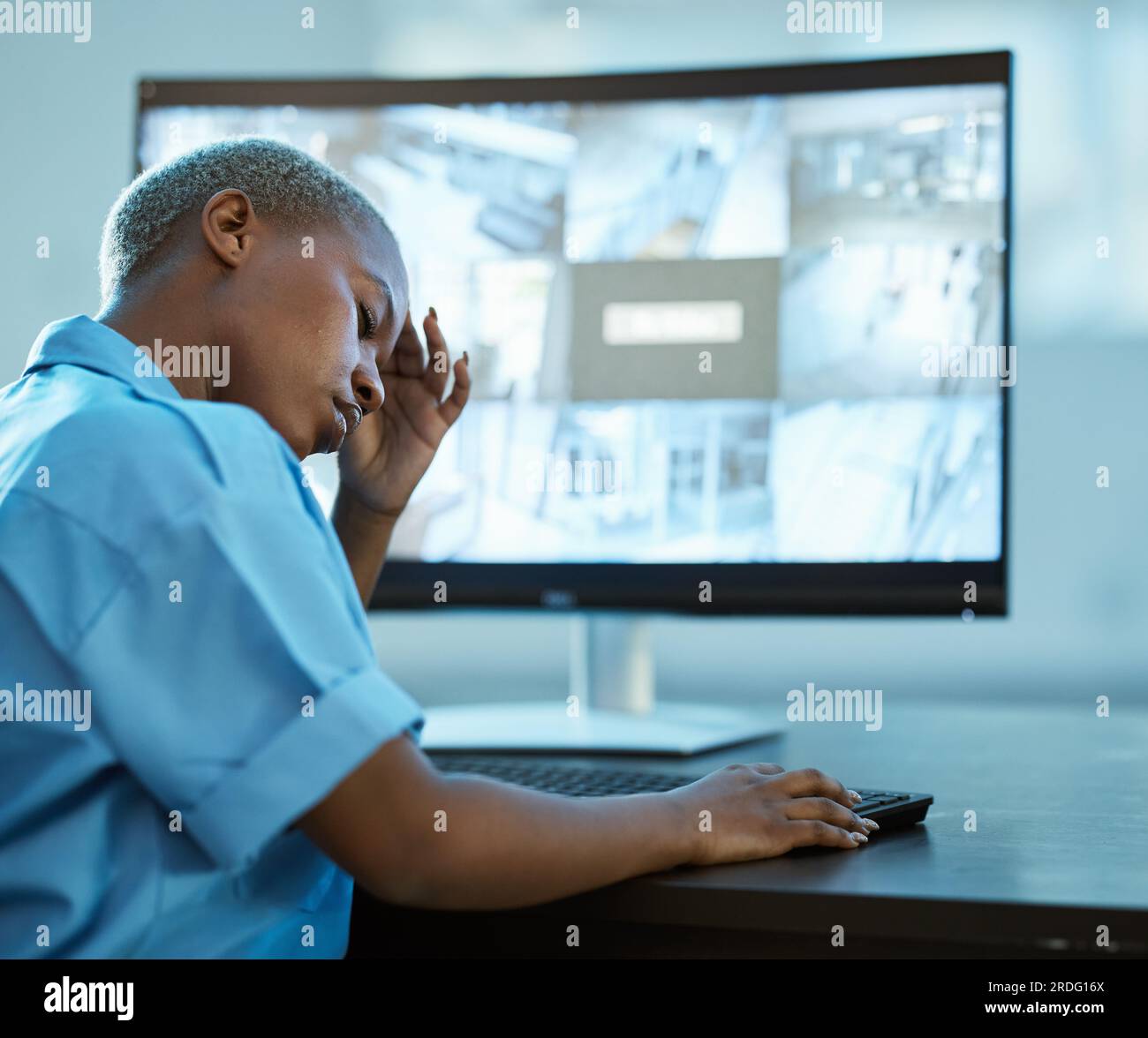 Black woman, police and headache for security surveillance in burnout ...