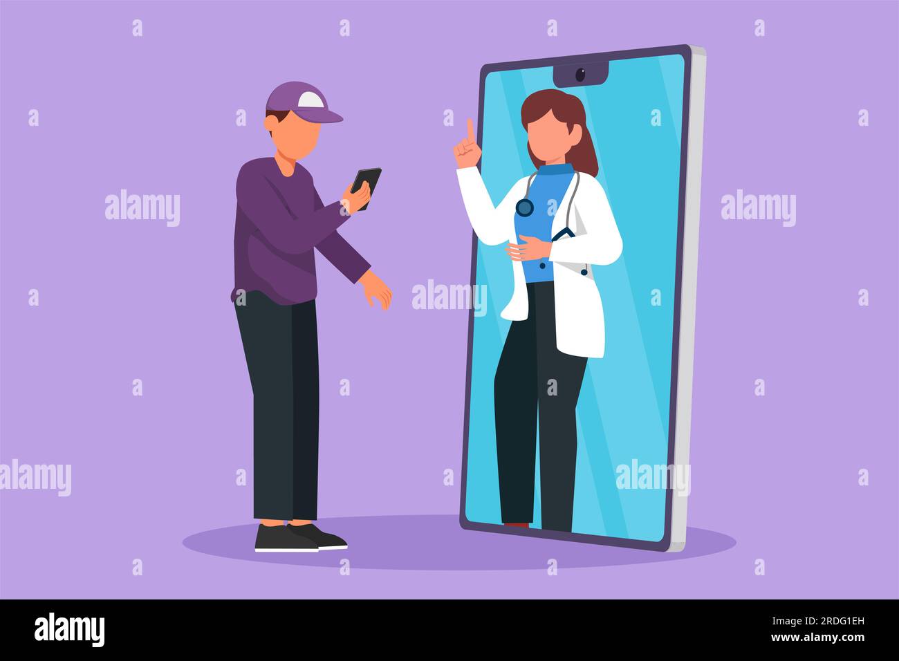Graphic flat design drawing male patient holding smartphone standing ...