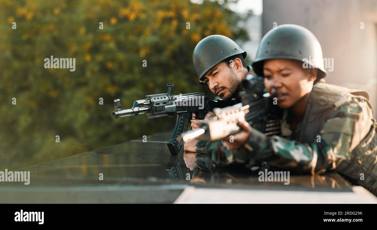 Military, people and gun for training, defense or power on rooftop for ...