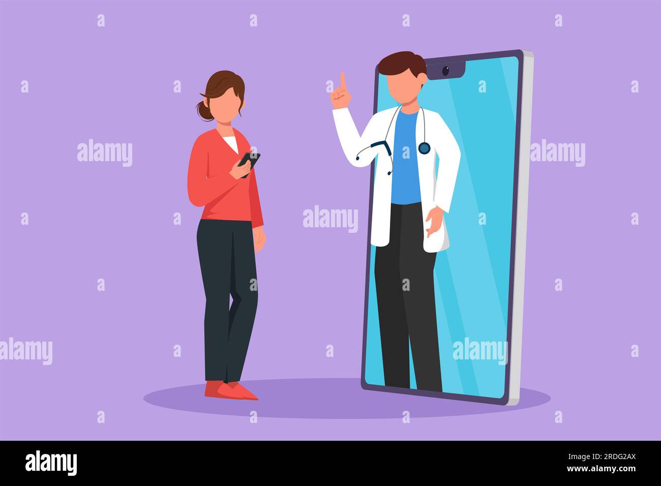Graphic flat design drawing young female patient holding smartphone ...