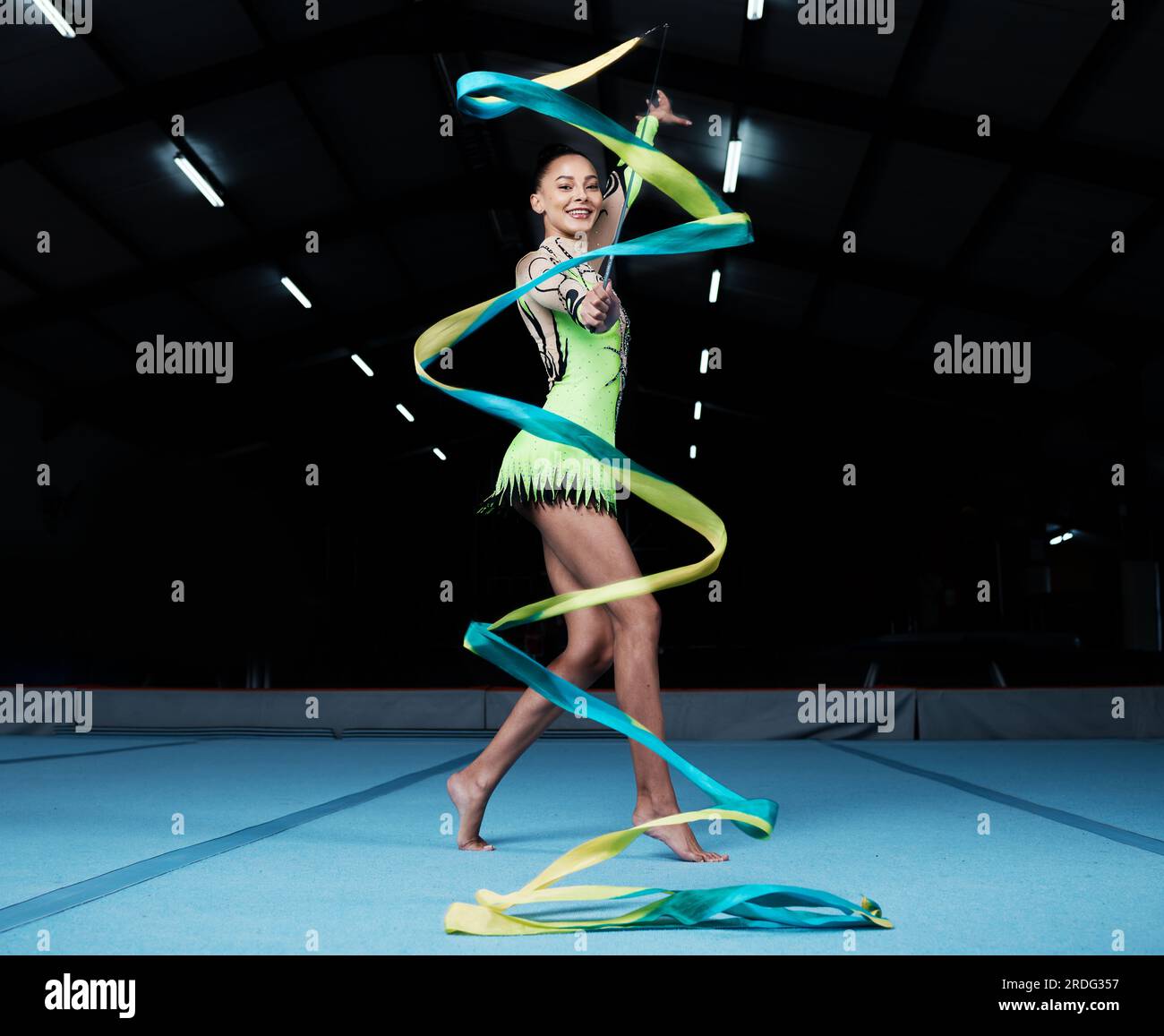 Girl, portrait and gymnast with ribbon for practice during competition ...