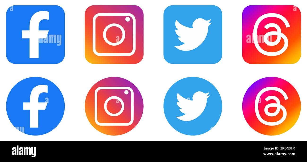 Social media apps icon set. Facebook, Instagram, Twitter, Threads ...