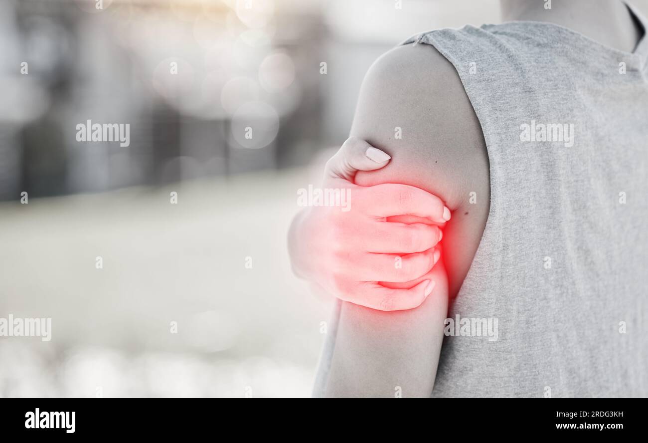 Arm pain, person and closeup, fitness injury and overlay with mockup ...