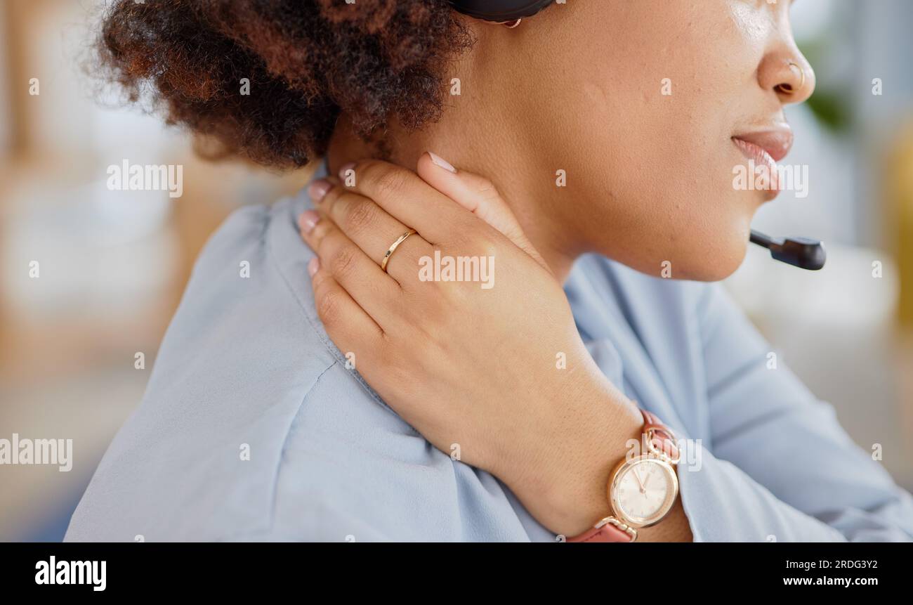 Customer support, call center and woman with neck pain in office with ...