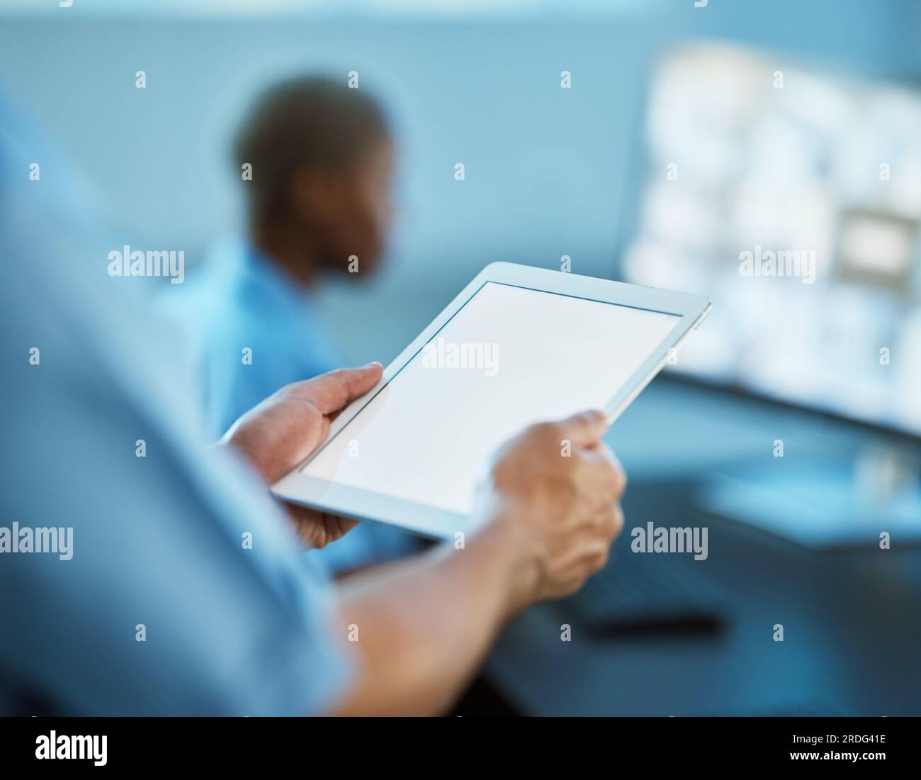 Man, hands and tablet mockup for security surveillance, search or area ...
