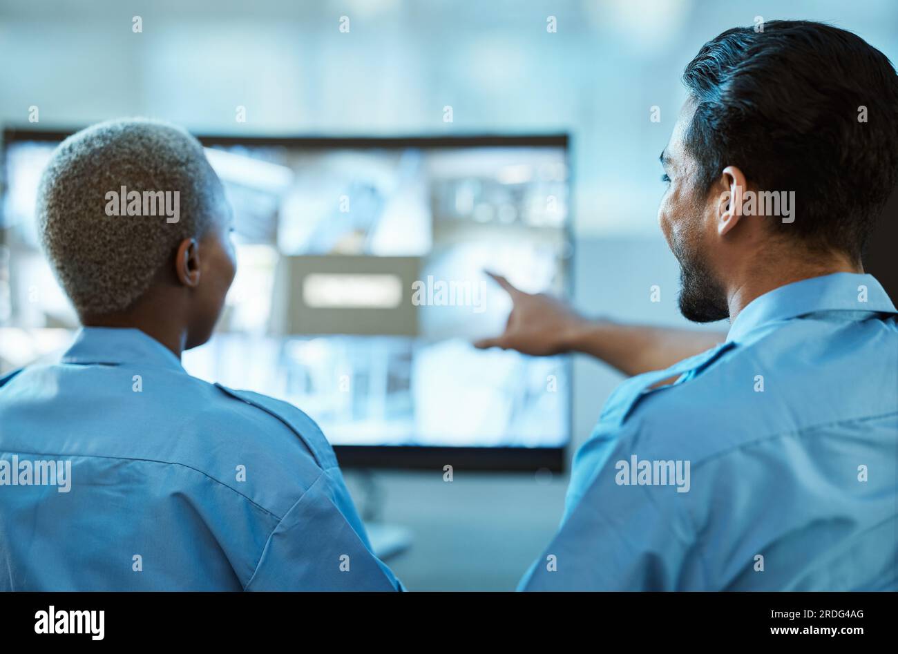 Safety, security guard team and control room with a computer screen for ...