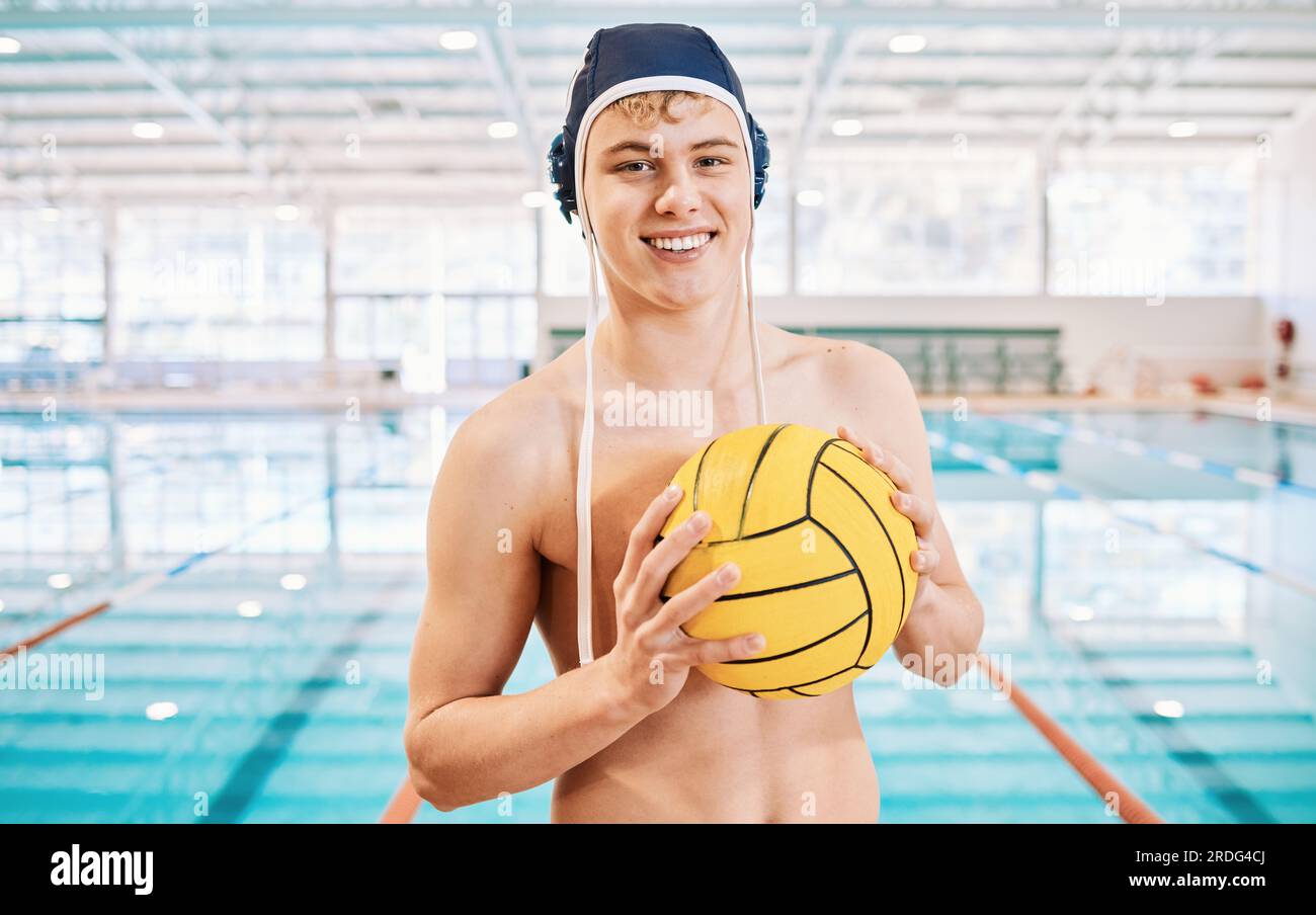 Teenager, boy and ball, water polo with sports and smile in portrait at ...