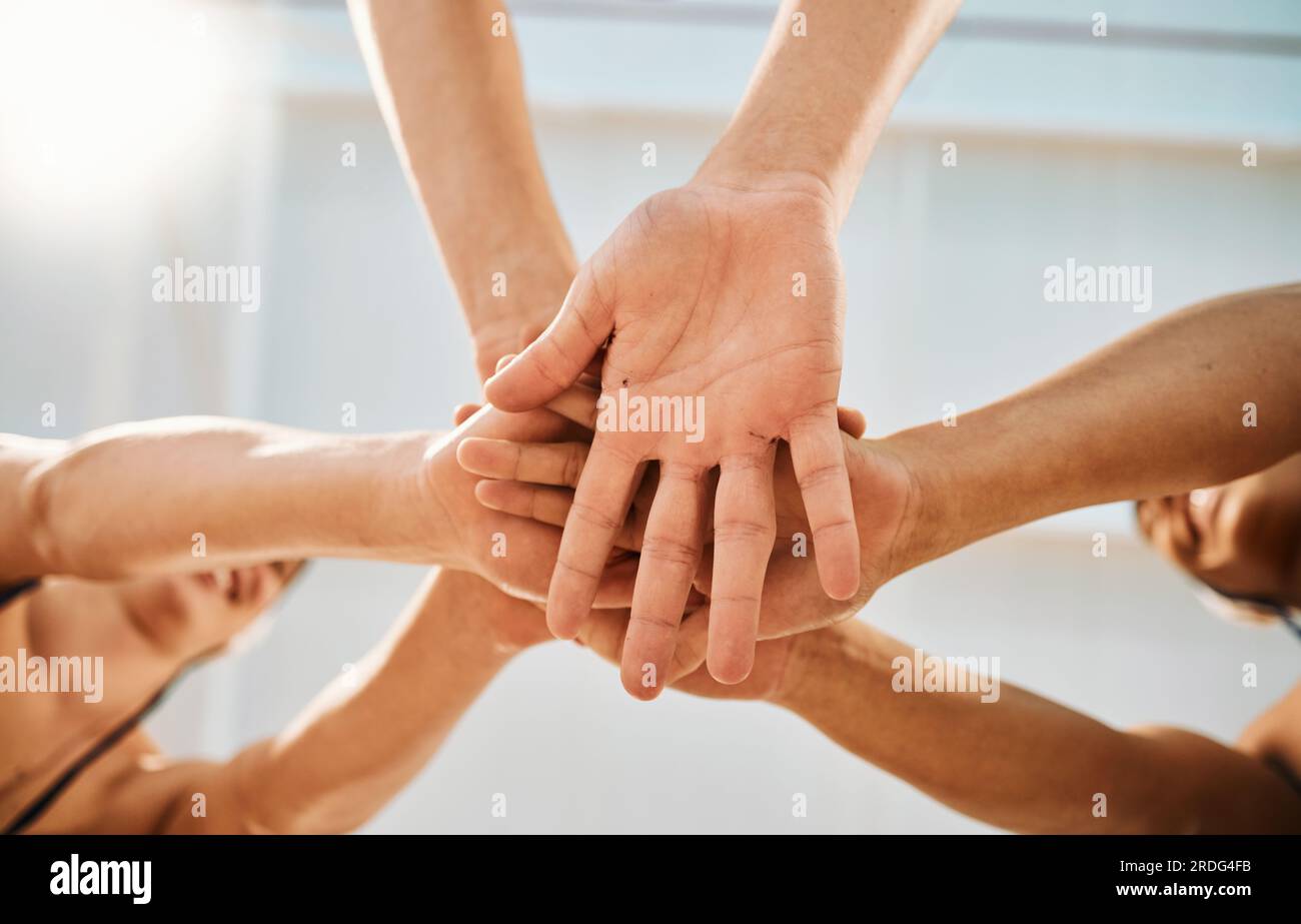 Hands stacked, sports and group of people for teamwork, collaboration ...