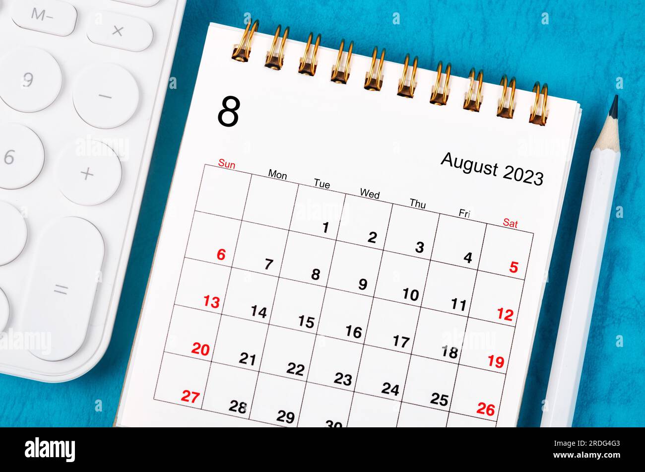 August 2023 Monthly desk calendar for 2023 year with calculator and ...