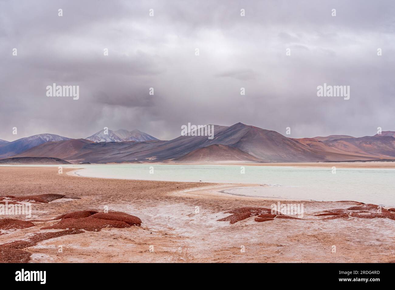 View of freezing lagoon and snowy mountains in Piedras Rojas park in ...