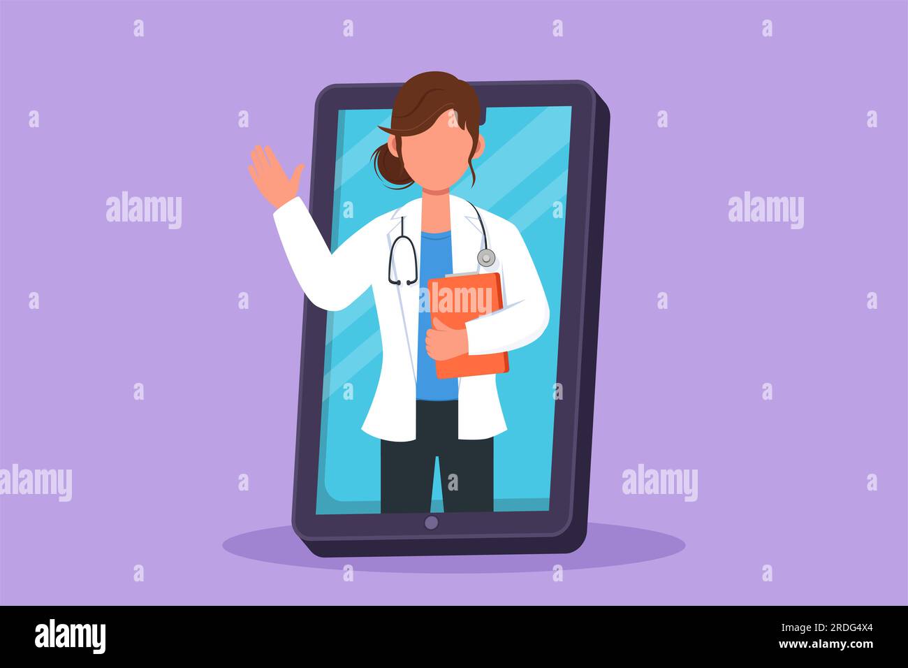 Cartoon flat style drawing smart female doctor come out of smartphone ...