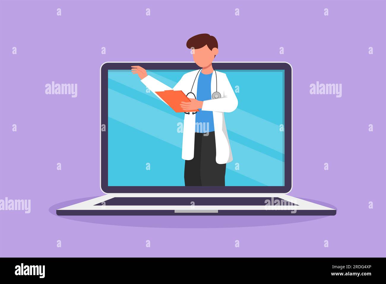 Graphic flat design drawing male doctor comes out of laptop computer ...