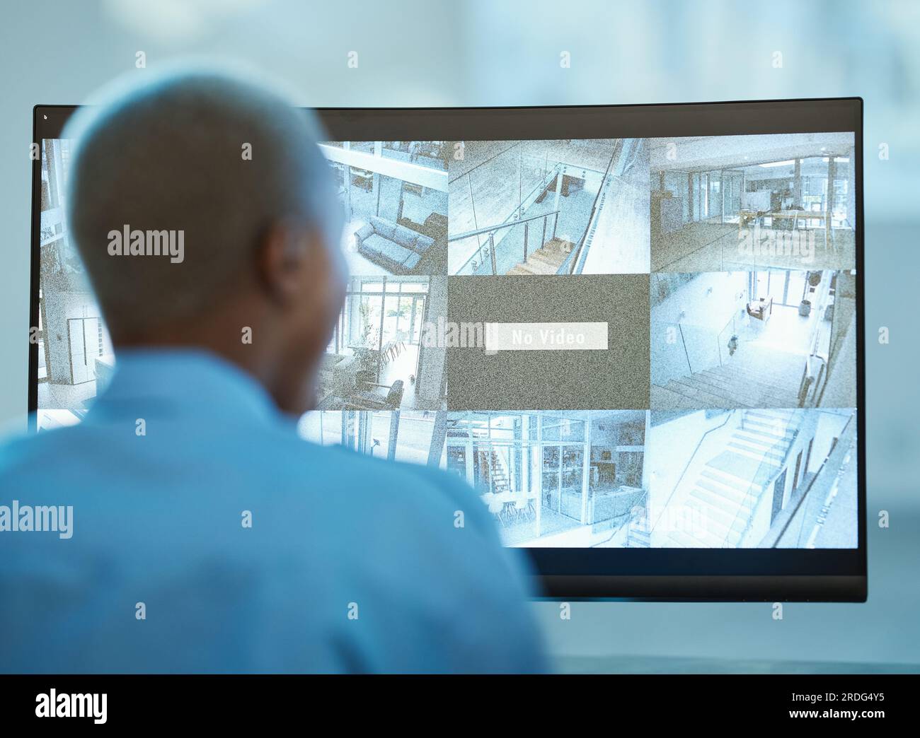 Security guard, safety and person in control room with computer screen ...