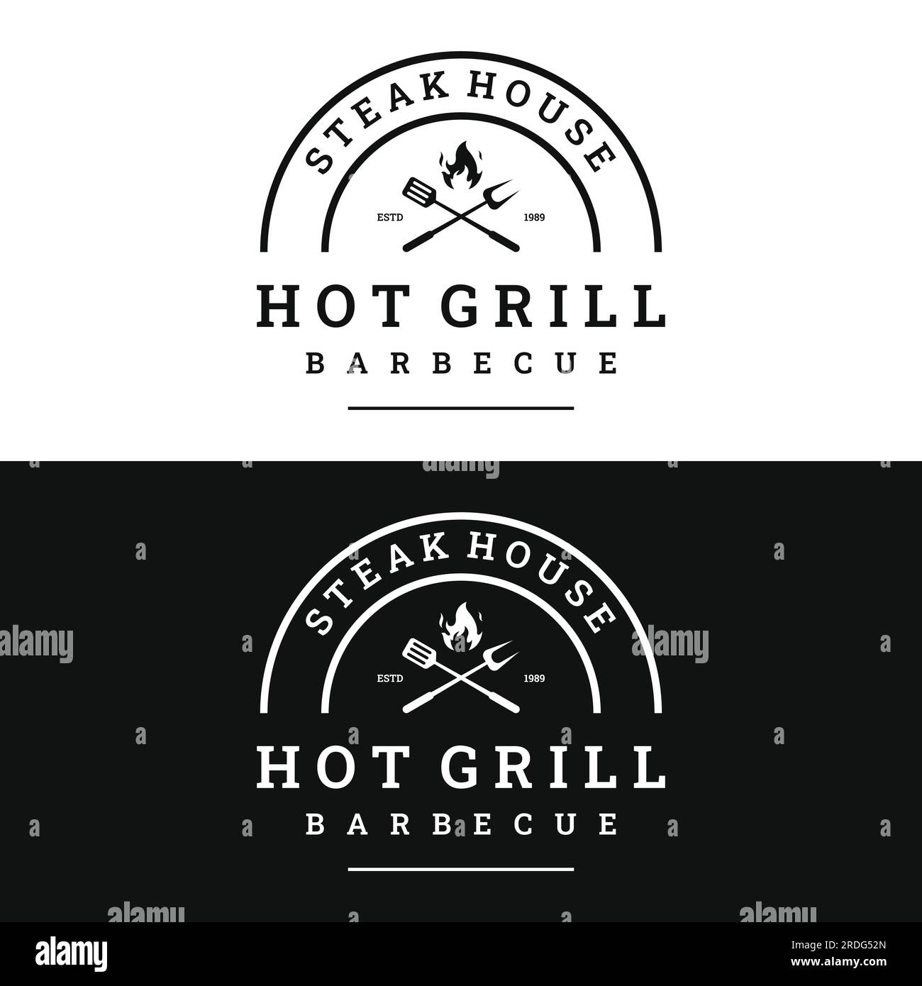 Grilled barbecue typography logo with crossed fire and spatula. Logo ...