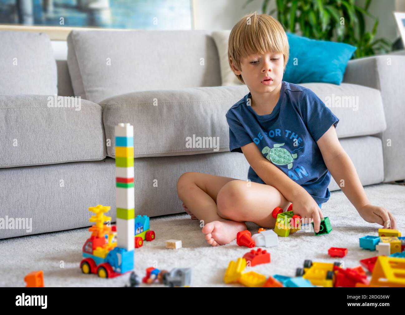 Kid playing with colorful toy blocks. Little boy building tower of ...